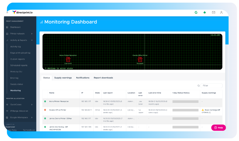 Cloud based printer monitoring